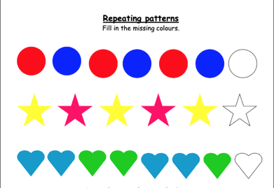 The ‘Repeating patterns’ worksheet, coloured pens or pencils and small ...